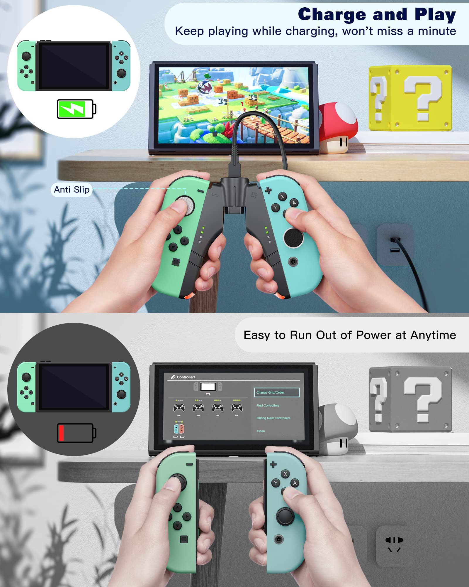 Narati Joycon Charging Grip for Nintendo Switch OLED, 4 in 1 Controller Charging Dock Station, 2 Portable V-Shaped Charger Grip with LED and 3rd Party JoyPad with Type C Cable & 4 Thumb Grip Caps
