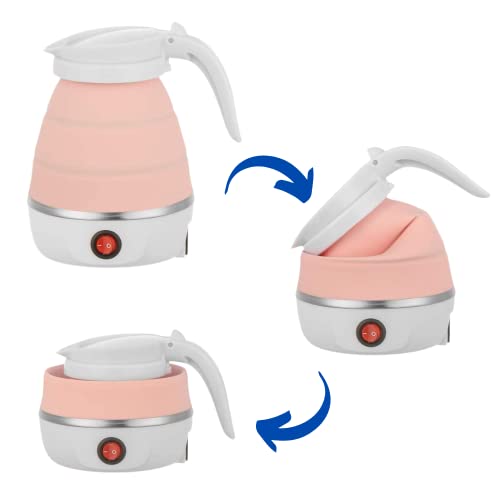 Travel Collapsible Electric Kettle with Collapsible Cup - Portable Foldable Small Electric Kettle with Quick Boiling Water Tech, BPA Free, 110V Voltage, US Plug, 600ML (Pink & Pink)