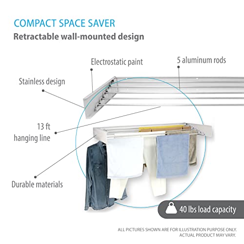Wall mounted retractable clothing drying rack. Foldaway clothes rack. Collapsible folding hung indoor & outdoor. Space saver compact wall mount design. Foldable Hanging Racks for Laundry room (white)