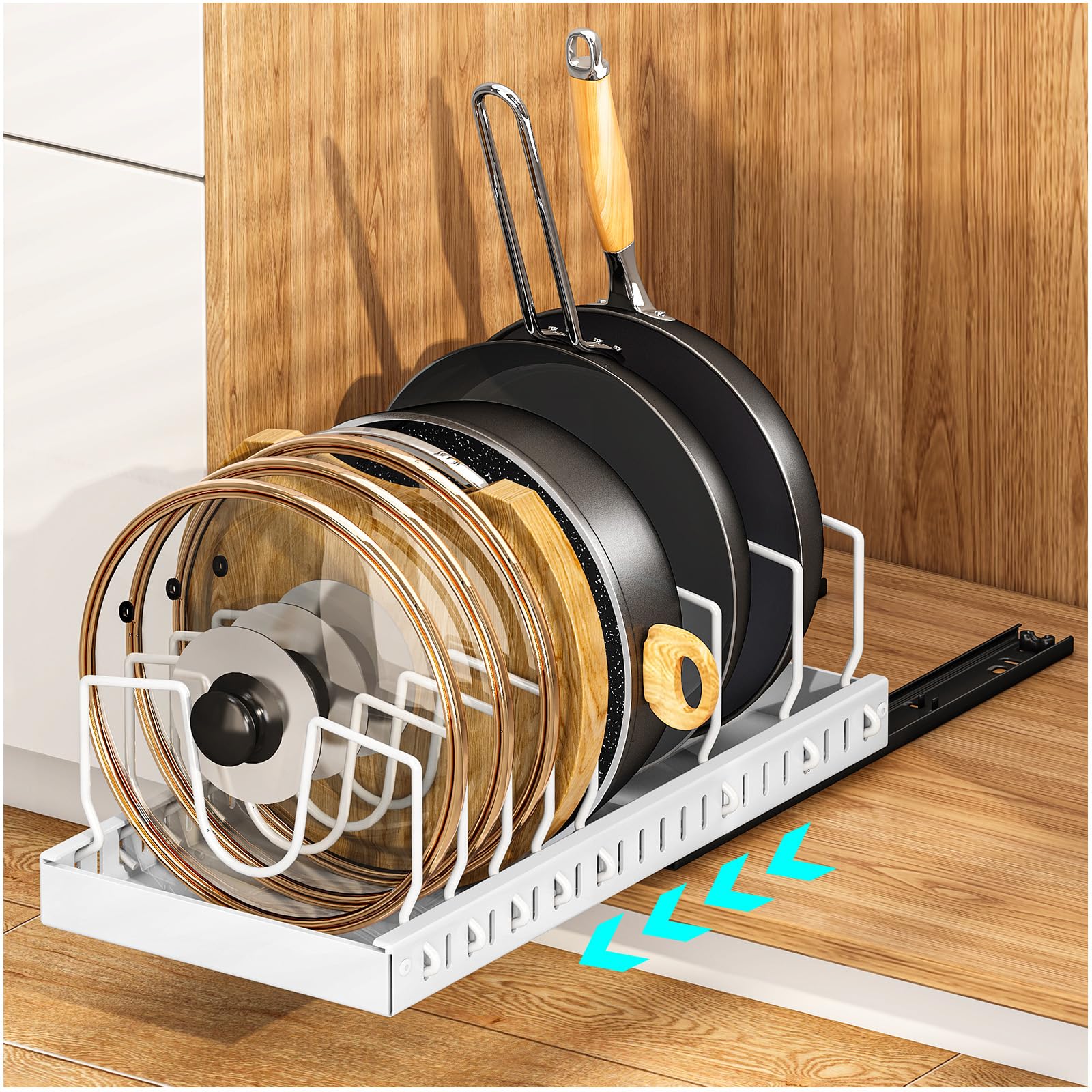 Pots and Pans Organizer Under Cabinet, 2 Pack Pull Out Cabinet Organizers for Kitchen, Pan Organizers Inside Cabinet and Storage with 8 Adjustable Dividers