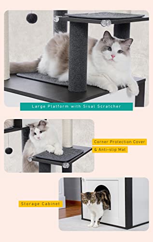PETEPELA Modern Cat Tree Wood Cat Tower with Storage Cabinet Litter Box Enclosure and Spacious Cat Condo, Large Top Perch and Hammock, Sisal Covered Scratching Posts for Cats Black