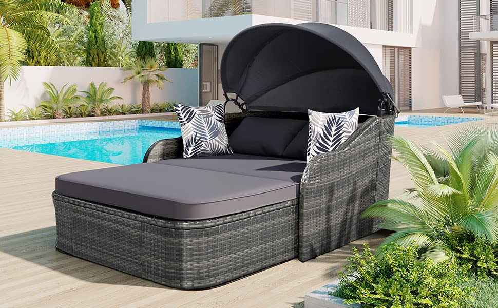Harper & Bright Designs 79.9" Outdoor Sunbed with Adjustable Canopy, Double Lounge, PE Rattan Daybed, White Wicker, Gray Cushion