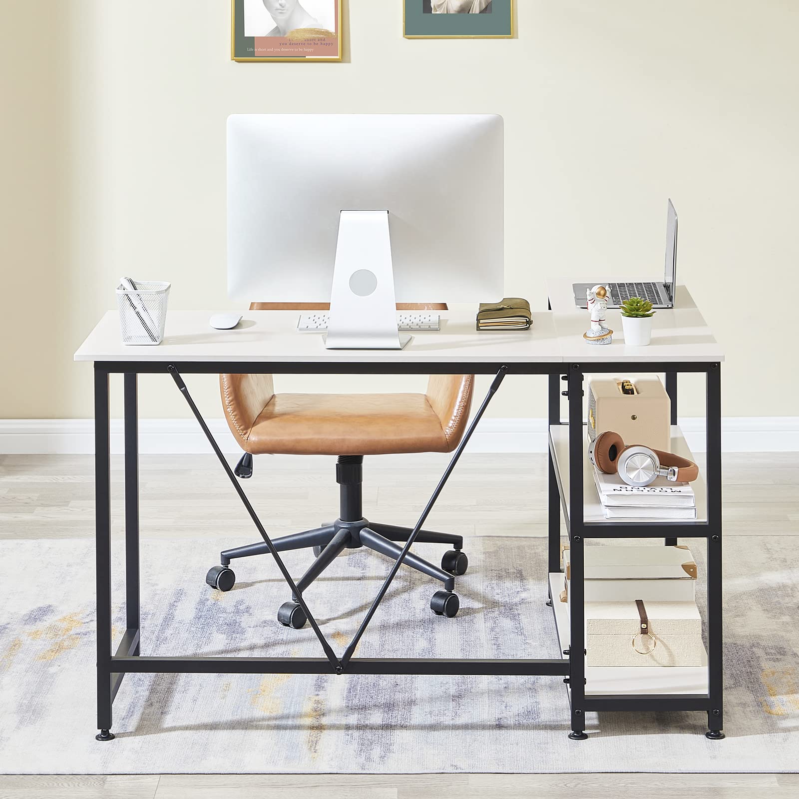 GreenForest Small L Shaped Desk 47 inch l Desk with Storage Shelf Writing Corner Computer Desk Saving Space for Home Office PC Workstation Laptop Table, White