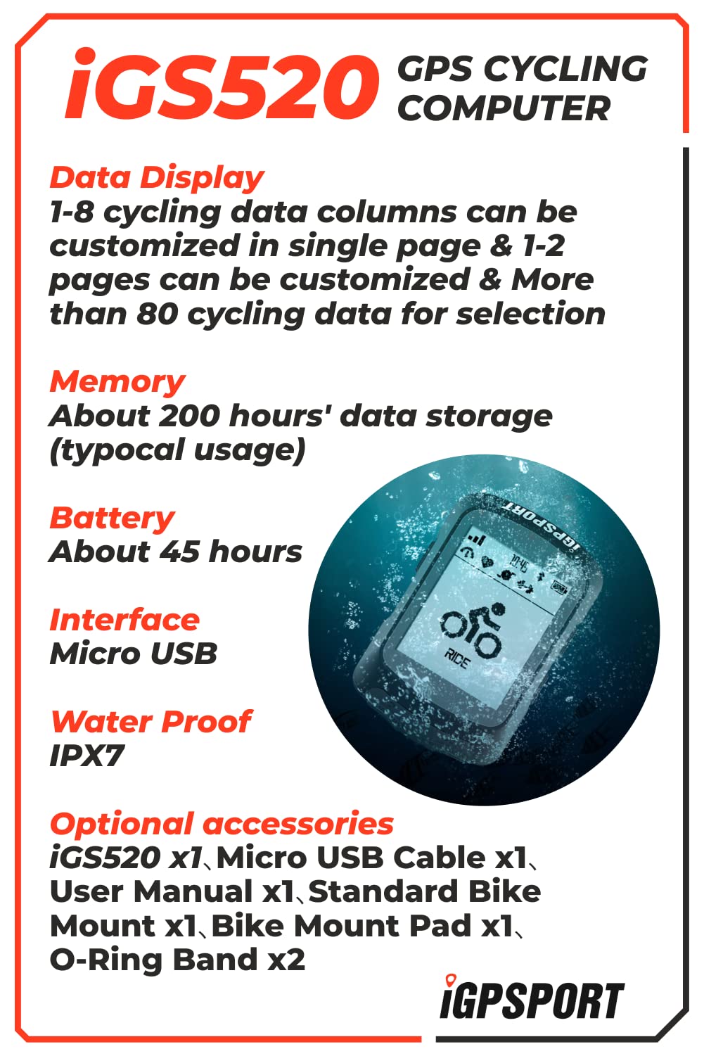 iGPSPORT iGS520 GPS Cycling Computer with HR60 Heart Rate, M80 Mount, SPD70 Speed and CAD70 Cadence Sensors and Wearable4U Bike Multi-Tool Bundle