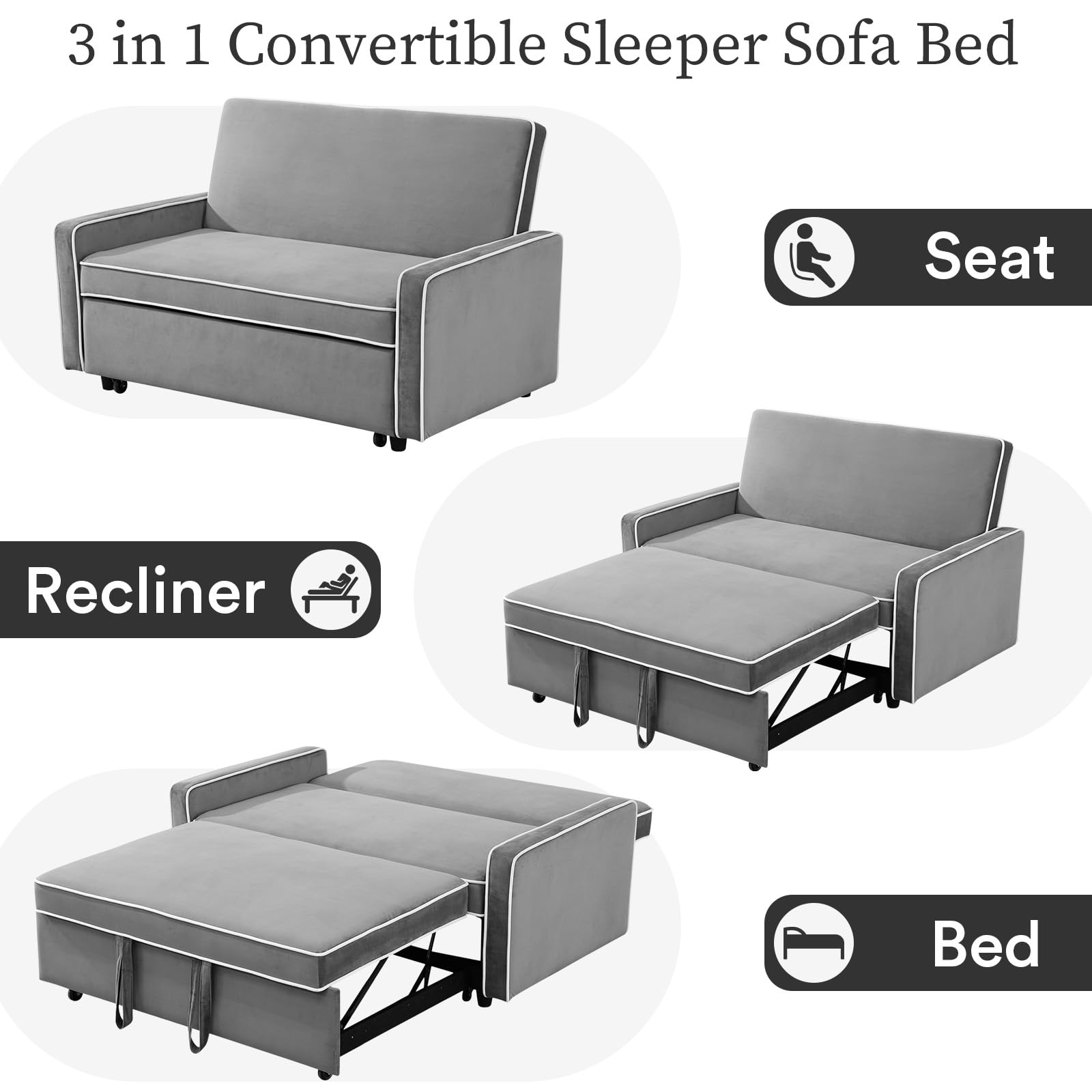 Rovibek 3 in 1 Convertible Sleeper Sofa Bed Pull Out Couch Futon Loveseat Velvet Chaise Lounge with 2 Pockets and 2 Pillows for Living Room, Ash Grey