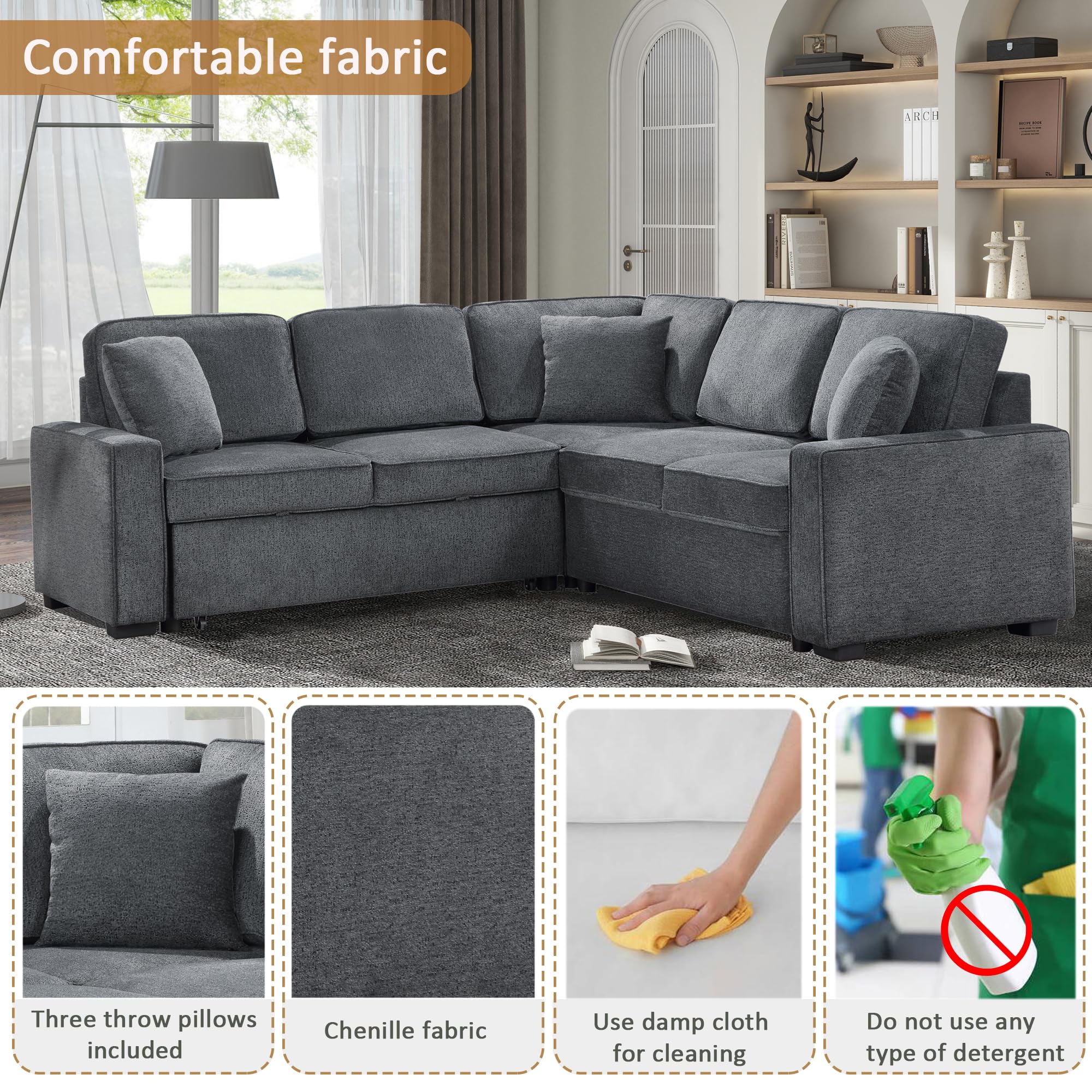 THSUPER 82'' Chenille L-Shaped Sleeper Sectional Sofa with Pull-Out Bed & Reversible Convertible Feature for Living Room, 5-Seater with 3 Pillows Included. Dark Grey