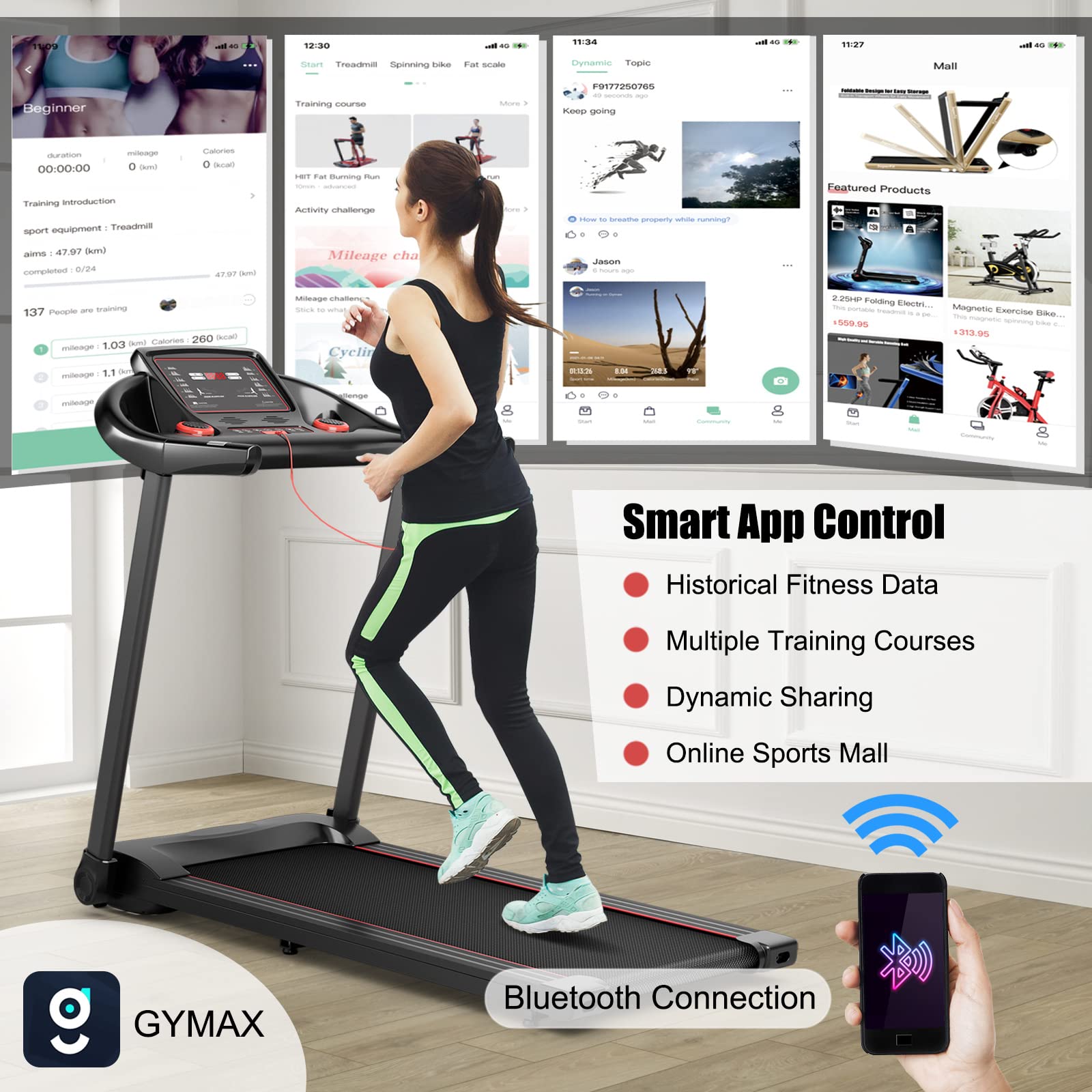 GYMAX Foldable Treadmill, 2.25HP Folding Treadmill with LED Monitor, 12 Preset Programs, APP Control, Blue Tooth Speaker & Pulse Sensor, Portable Compact Small Treadmill for Apartment/Home/Gym (Red)