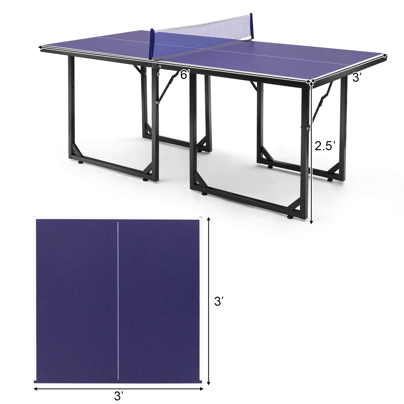 GYMAX Folding Table Tennis Table, Portable Free Installation Mini Ping Pong Table with Net, Instant Set up Table Tennis Table Kit for Indoor/Outdoor (Blue)