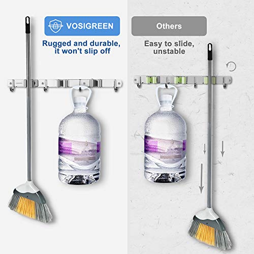 VOSIGREEN Broom & Mop Holder, Wall Mount Organizer Hanger for Rakes, Utensils, Tools-3 Clamps, 4 Hooks-17” Self Adhesive or Drillable Installation-For Kitchen, Garage, Garden, Office, Closet, 2 Pack