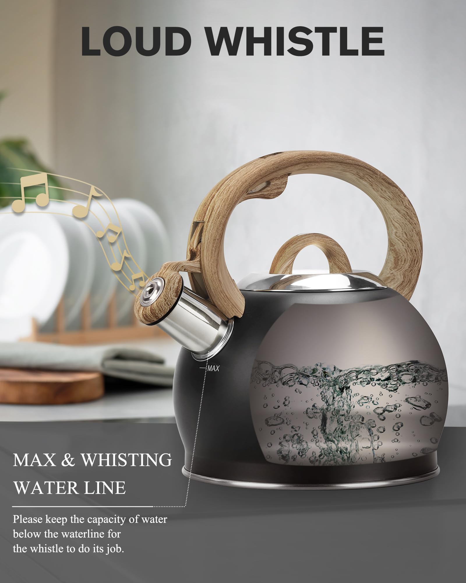 Hauce Radio Tea Kettle Stovetop, Black Tea Kettles-2.1 Quart Loud Whistle Stovetop Teapot,Food Grade Stainless Steel with Wood Pattern Handle, Unique Button Control Kettle Outlet for Tea, Coffee