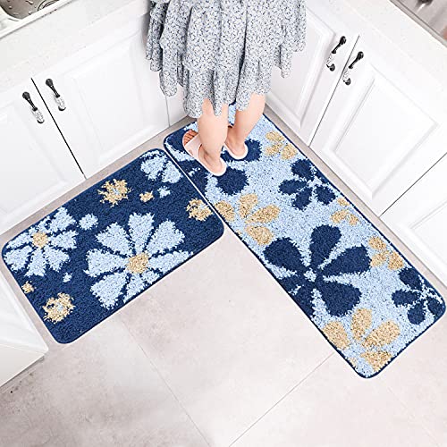 Kitchen Rug Set, 2-in-1 Kitchen Mat Anti-Fatigue Cushioned Kitchen Sink Floor Mat Super Absorbent Non Skid Easy to Clean Comfort Standing Kitchen Mat (Blue)