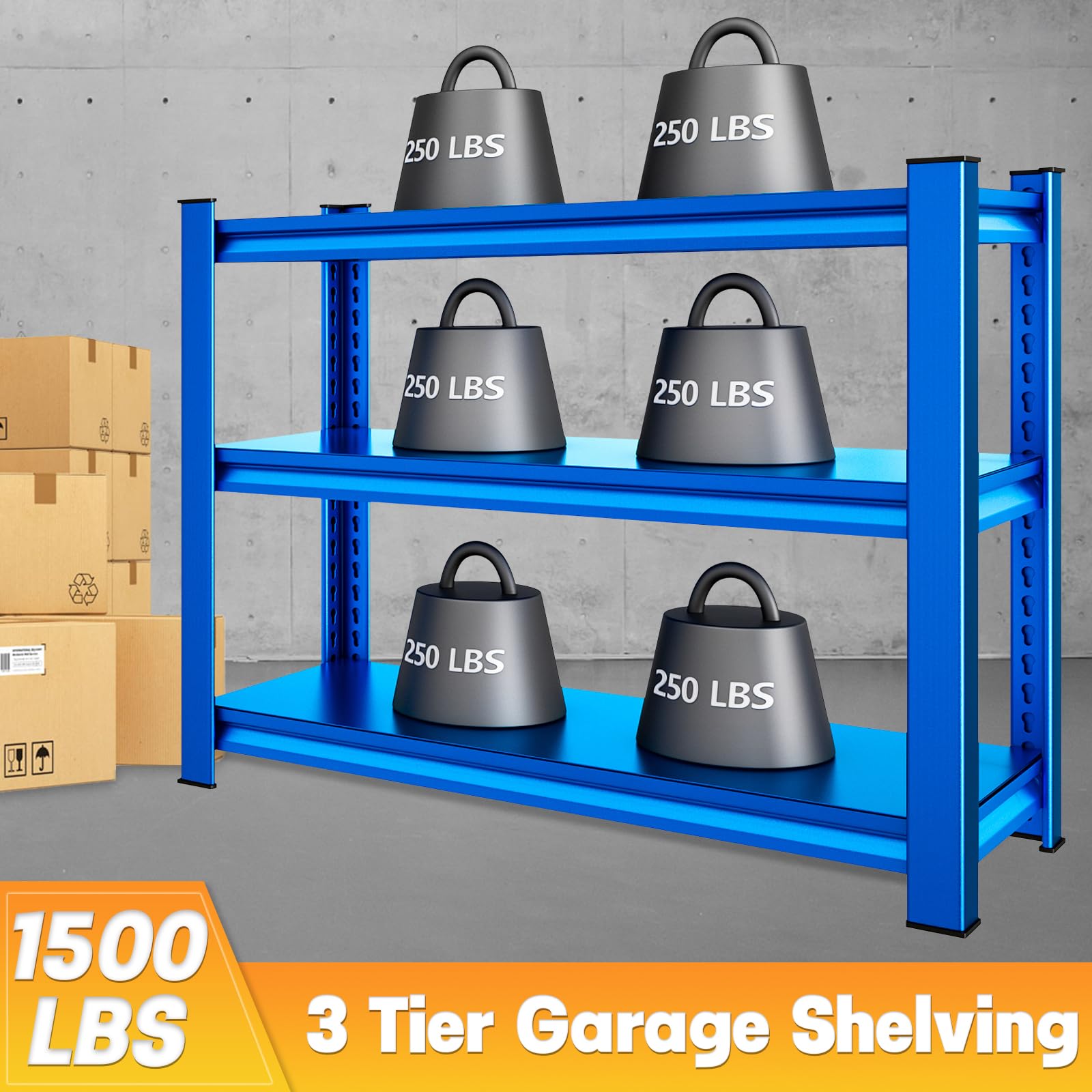 Rufokisa 40" W Garage Shelving Heavy Duty,1500LBS Loads Adjustable Garage Storage Shelves,3-Tier Metal Storage Racks and Shelving Units, Utility Rack Shelves,40”W x 18”D x 36”H,Blue