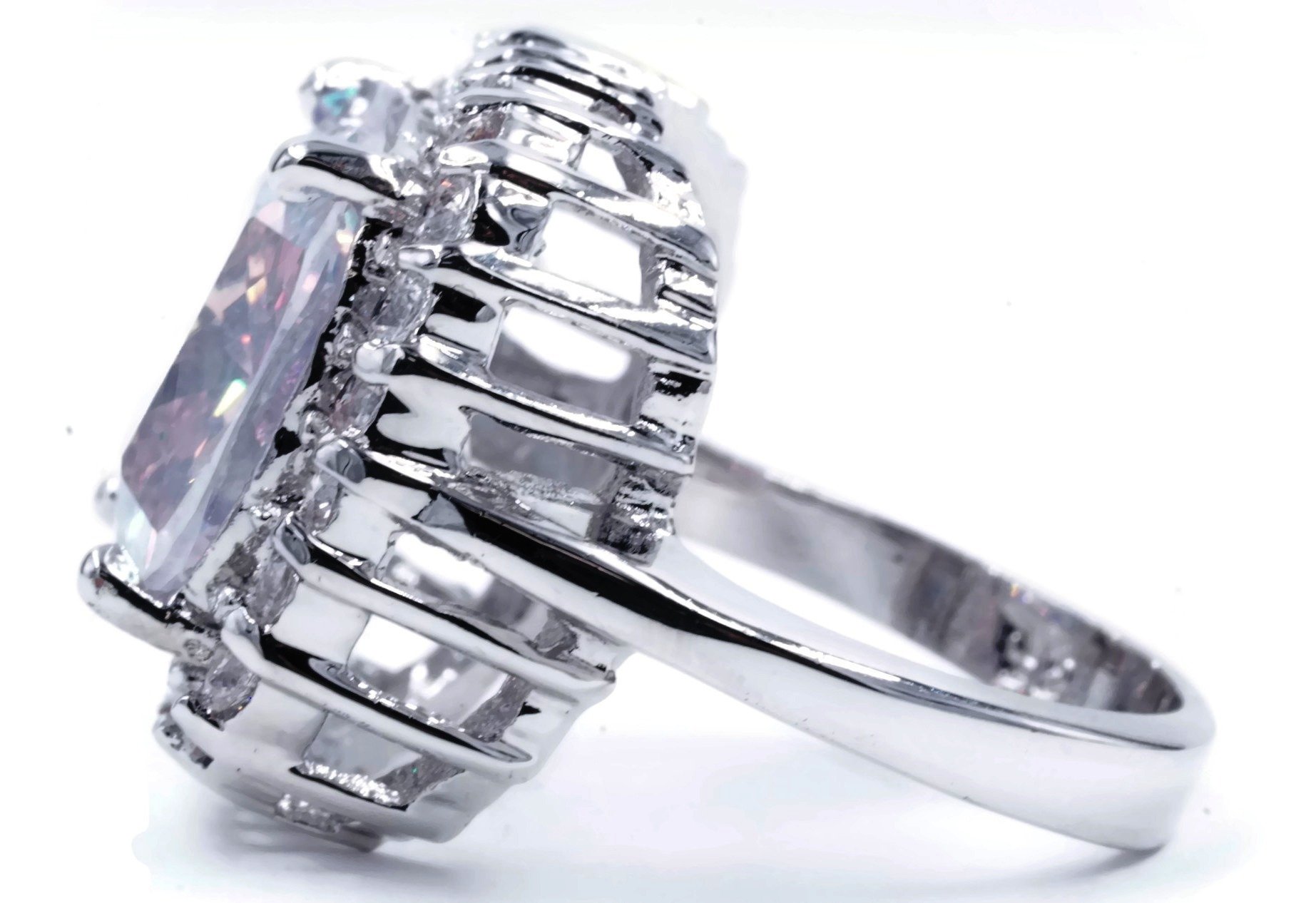 Glamour Rings Large Silvertone Statement Ring with Aurora Borealis Crystal and Small CZ Surround Stones Size 10