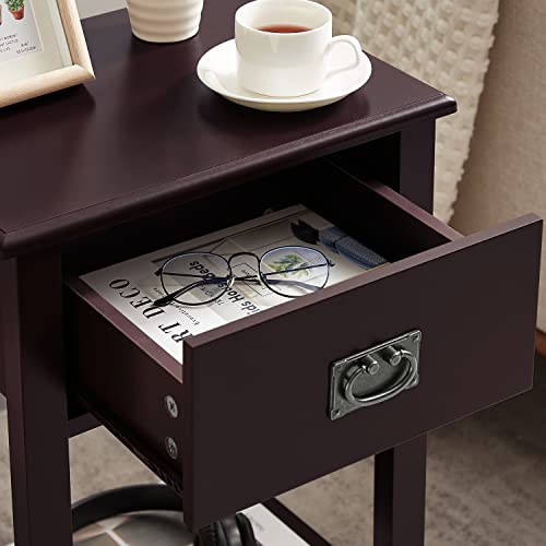 VECELO Nightstands Set of 2 End/Side Tables Living Room Bedroom Bedside, Vintage Accent Furniture Small Space, Solid Wood Legs, One Drawer, Black Walnut