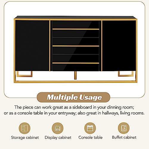 WADRI 59" Sideboard with 3 Drawers and 2 Cabinets, Wood Accent Storage Cabinet with Adjustable Shelves and Gold Metal Legs, Cabinet Console Table for Living Room, Home Office (Black + MDF-A46)