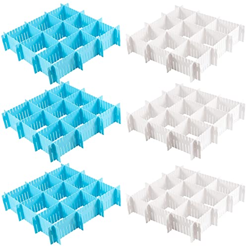 SINJEUN 64 Pcs Plastic DIY Grid Drawer Divider Plastic Grid Drawer Separators, Plastic Adjustable Drawer Storage Organizer for Socks, Makeup, Clothes, Kitchenware, Office Supplies, 32 Blue, 32 White