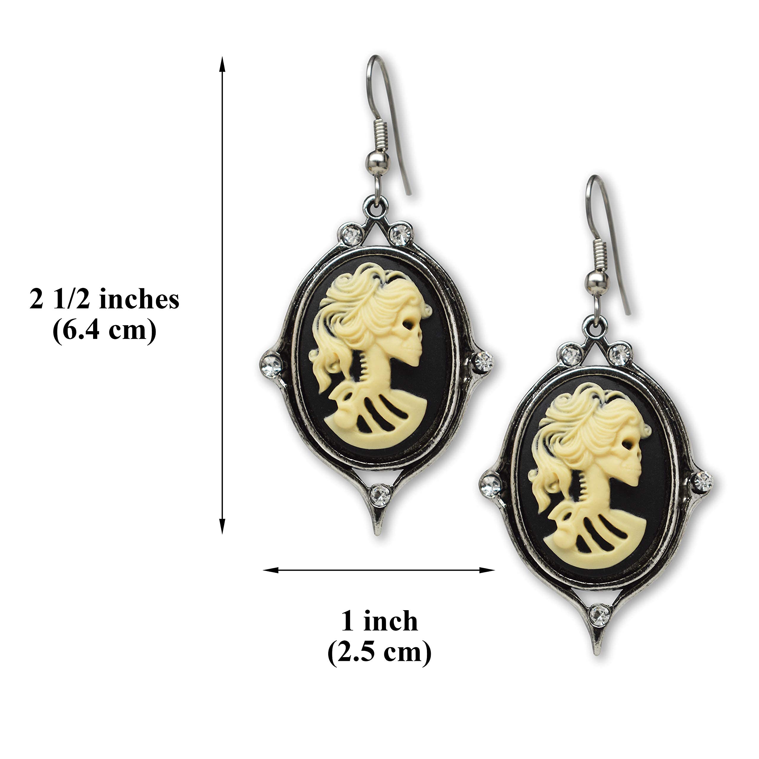 Gothic Lolita Skull Cameo Ivory on Black Dangle Earrings with Austrian Crystals