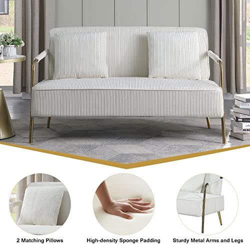 Taiweny Velvet Loveseat Small Sofa Couch, Modern Pleated Upholstered 2 Seater Love Seat Settee with Two Throw Pillows for Living Room Bedroom Apartment, 56β (Beige)