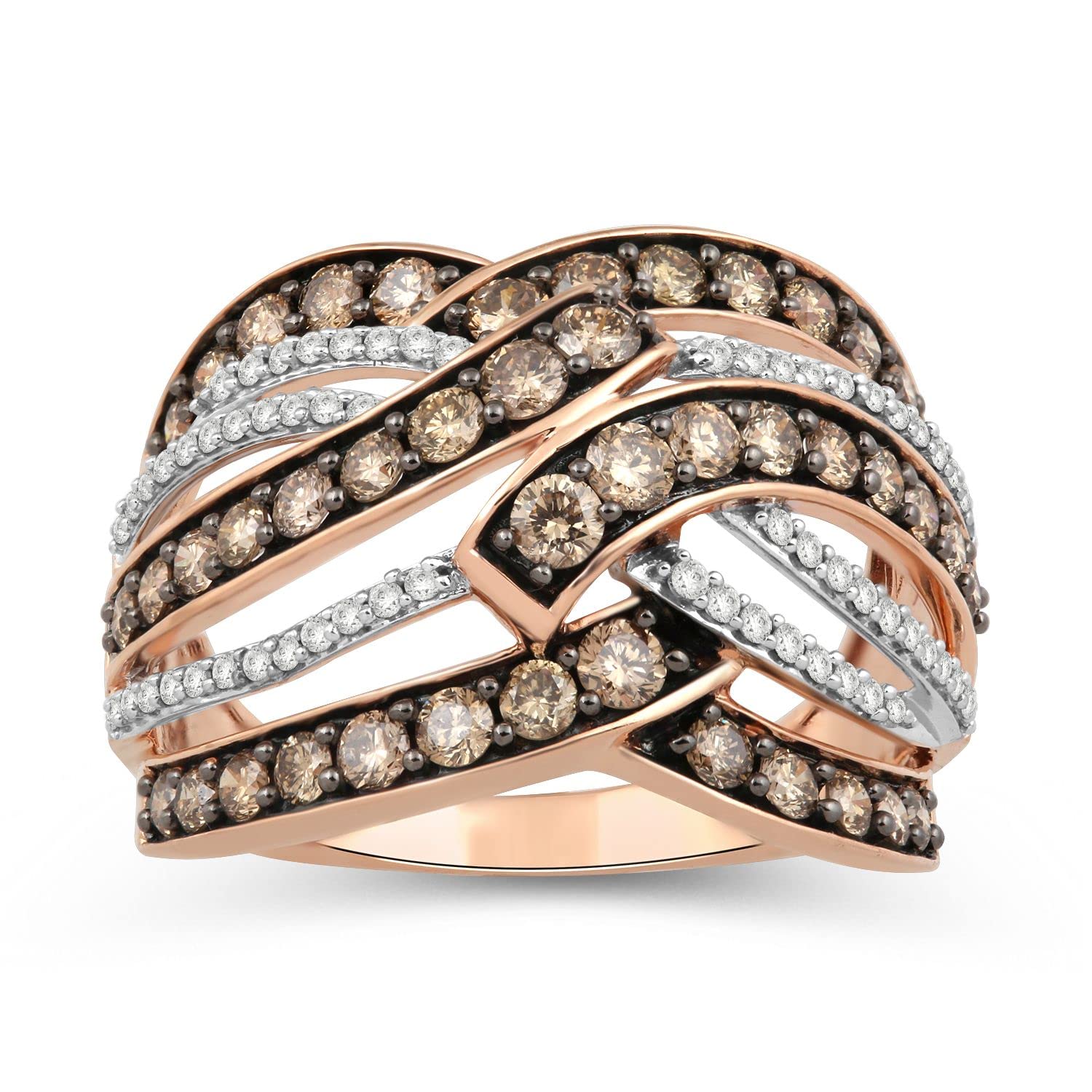 Jewelili 10K Rose Gold 1 1/2 Cttw Natural Champagne and White Round Diamonds Crossover Ring, Size 7