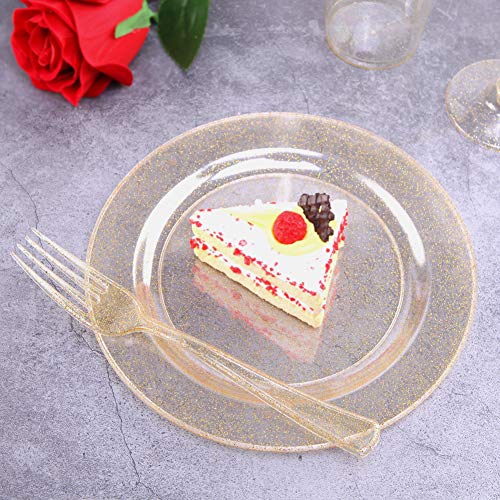 WELLIFE 24 Pack Plastic Gold Glitter Serving Tray with Disposable Utensils, 6 Rectangle Platter 15” x 10”, 6 Serving Spoons 10”, 6 Serving Forks 10”, 6 Serving Tongs 6.3”, Perfect for Buffet & Partie