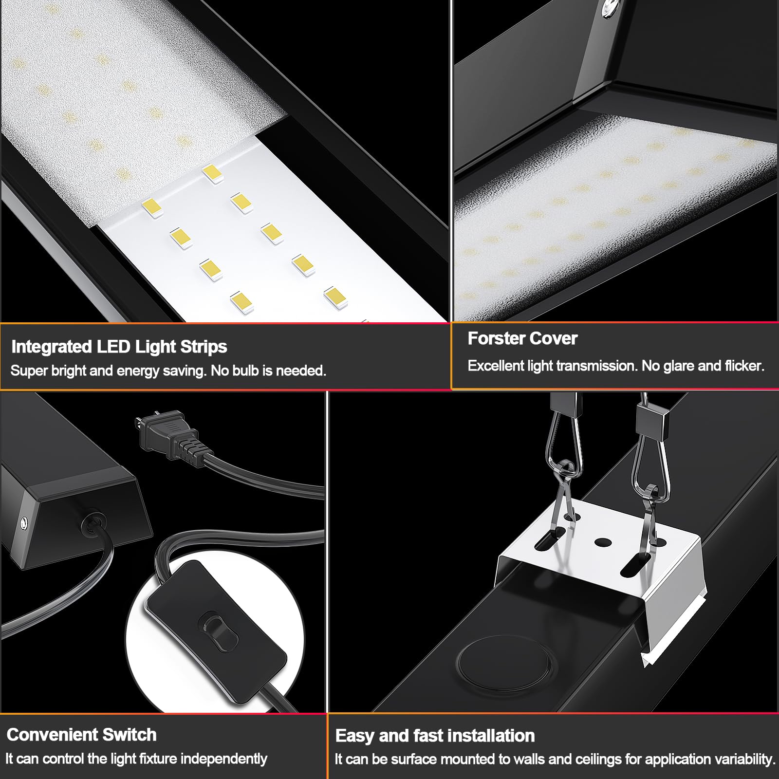 TychoLite 8FT LED Shop Light, 100W 12500lm, 5000K Daylight, Compact Black 8 Foot Commercial Lighting Fixtures for Workshops, Garage, Office, Surface/Suspension Mount, with 5FT Cord Switch, 6 Pack