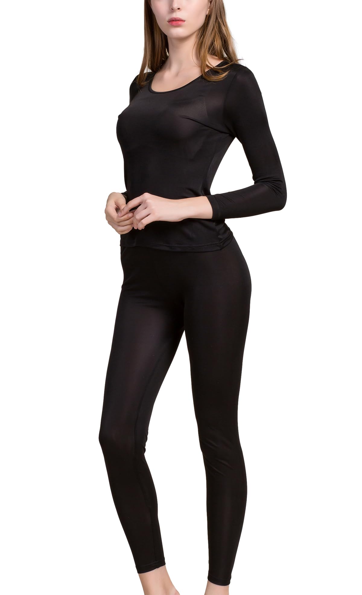 Grenasasilk Womens Silk Long Underwear Mulberry Silk Long Johns Silk Thermal Underwear Sets Cold Weather Base Layer (M, Black)