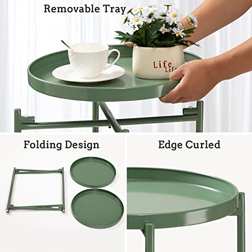 TeoKJ 2 Tier Green Side Table, Folding Round Metal End Table Small Nightstand Accent Table with Two Removable Tray for Bedroom Living Room Bedside Small Spaces Dark Green