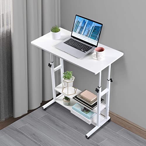 Portable Desk for Bedroom Height Adjustable 31x16 inch Storage Rolling Desk Modern Laptop Table Home Office Workstation Sofa Side Table with Wheels for Living Room Mobile Couch Small Study Desk White