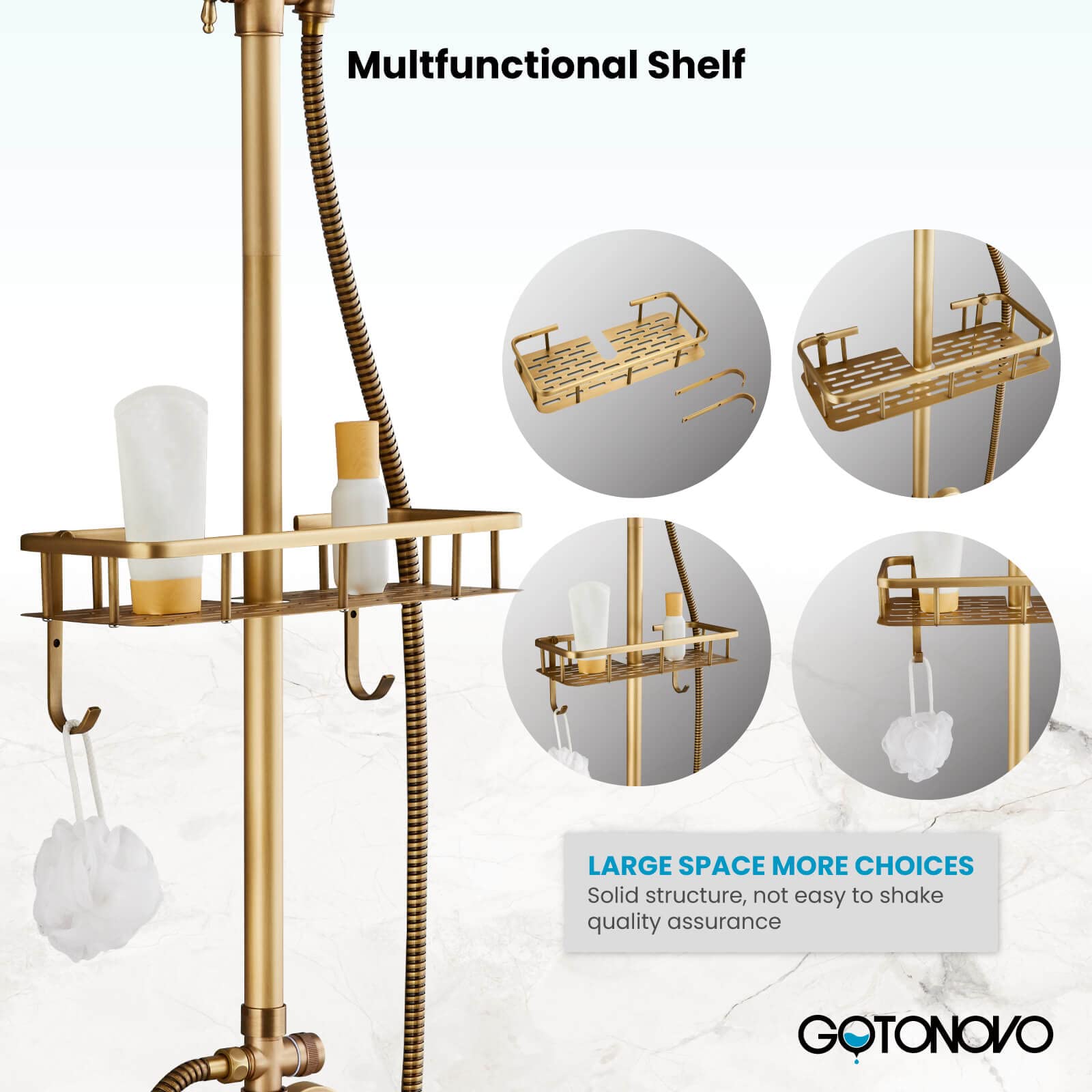 gotonovo Exposed Bathroom Shower Faucet with Shower Shelf Antique Brass 8 inch Rainfall Shower Head Wall Mounted Double Cross Handles Handheld Sprayer Shower Shower System Dual Functions