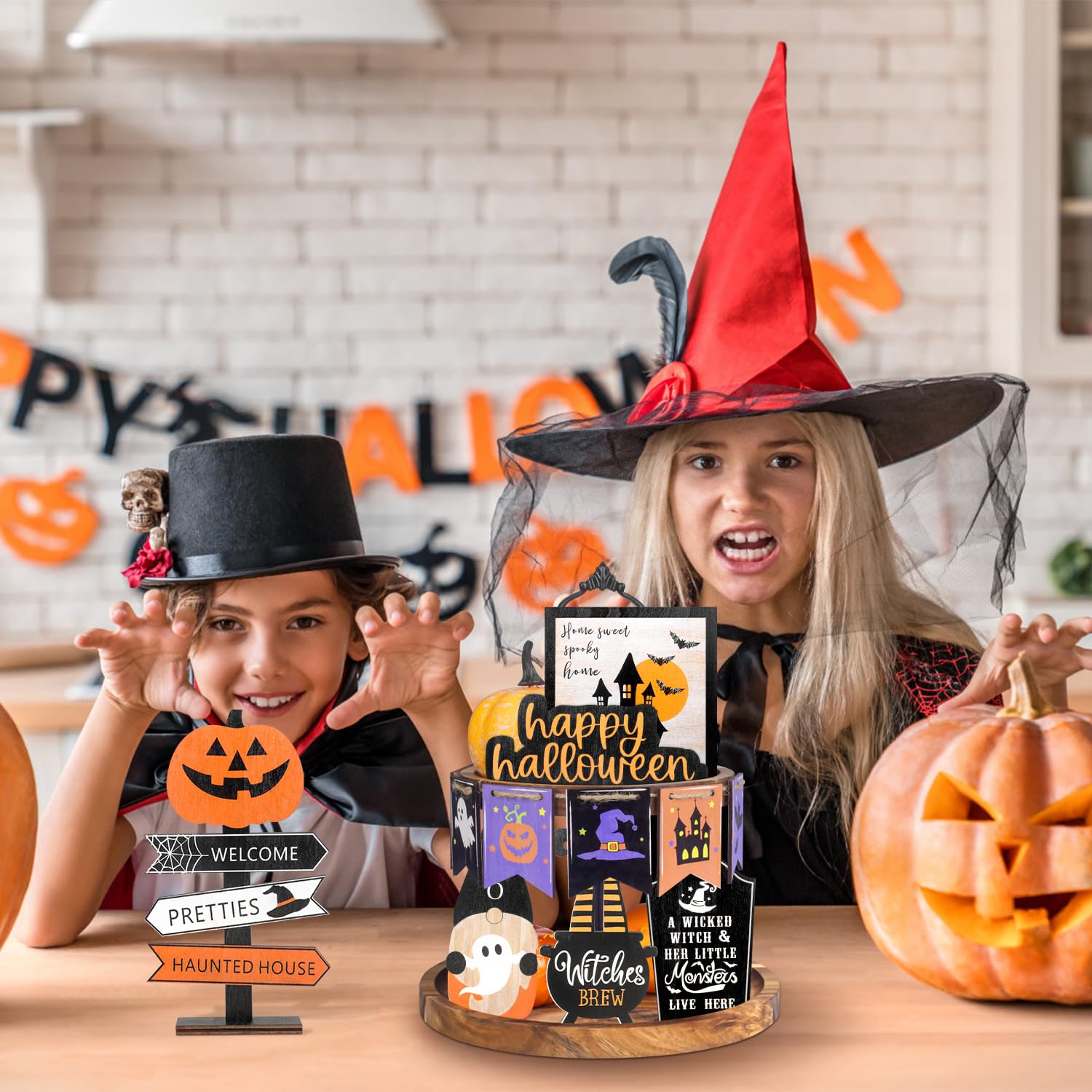 Halloween Tiered Tray Decor |Happy Halloween Decorations Indoor| Rustic Halloween Wooden Sign for Kitchen Home Table Room, 14PCs Halloween Party Supplies(Tray Not Included)