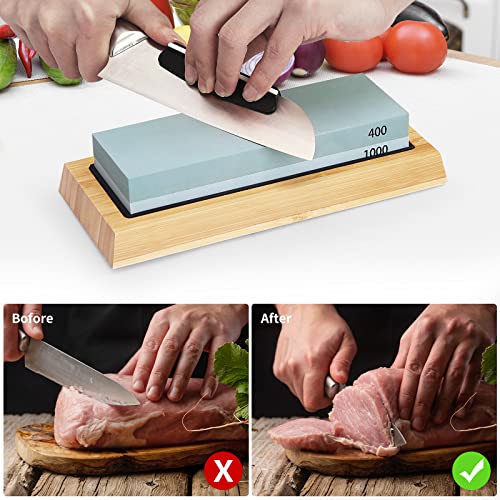 Whetstone Knife Sharpening Stone 4 Side Grit 400/1000 3000/8000 Waterstone, Whetstone Knife Sharpener, Sharpening Stone Whetstone Set with Bamboo Base, Flatting Stone, Angle Guide & Leather Strop