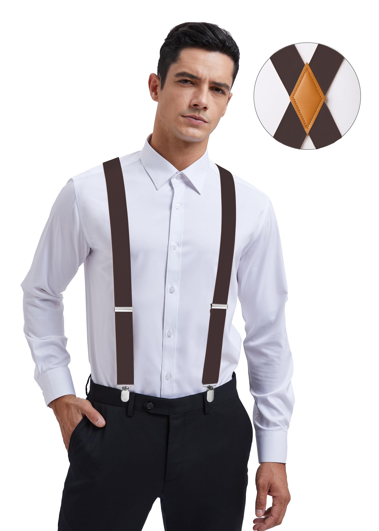 HISDERN Mens Suspenders Dark Brown Suspenders for Men Adjustable Elastic Suspender Braces 4 Clips X-Back 1.4'' Tuxedo Trousers Suspender Wedding