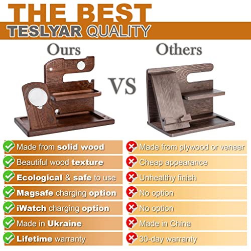 TESLYAR Wood Phone Docking Station Charger Xmas Gifts for Men or Dad for Husband Birthday Wife Nightstand Organizer Key Holder Wallet Solid Ash
