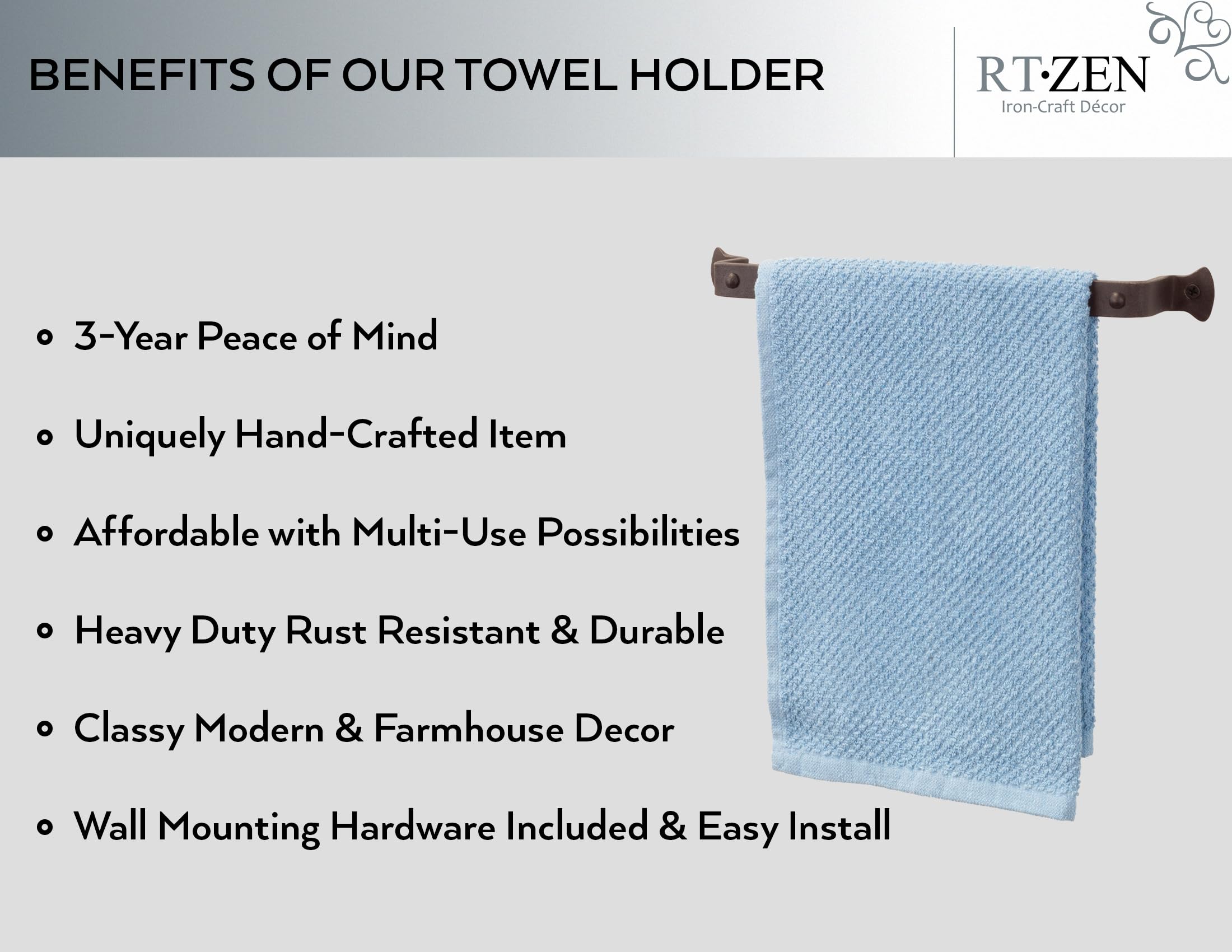RTZEN Black Wrought Iron Wall Mounted Towel Holders and Coat Hooks Set - Handcrafted Classic Farmhouse Multipurpose Hanging Pieces for Home - Hand Towel Bar, Bath Towel Bar and 3 Pack Double Hooks