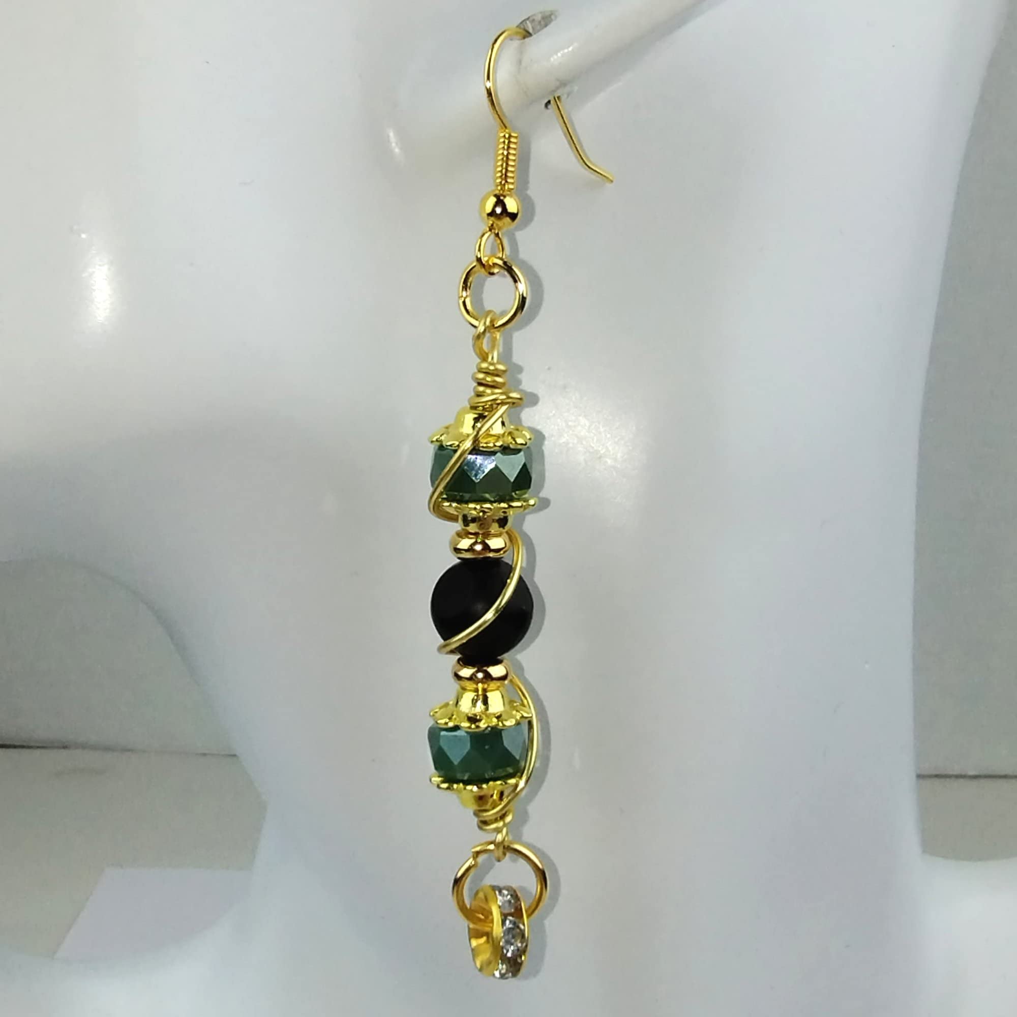 Gold, Black & Hunter Green Earrings - Nickel Free - Sparkling Beaded Jewelry - Gift for Women - Boho Style