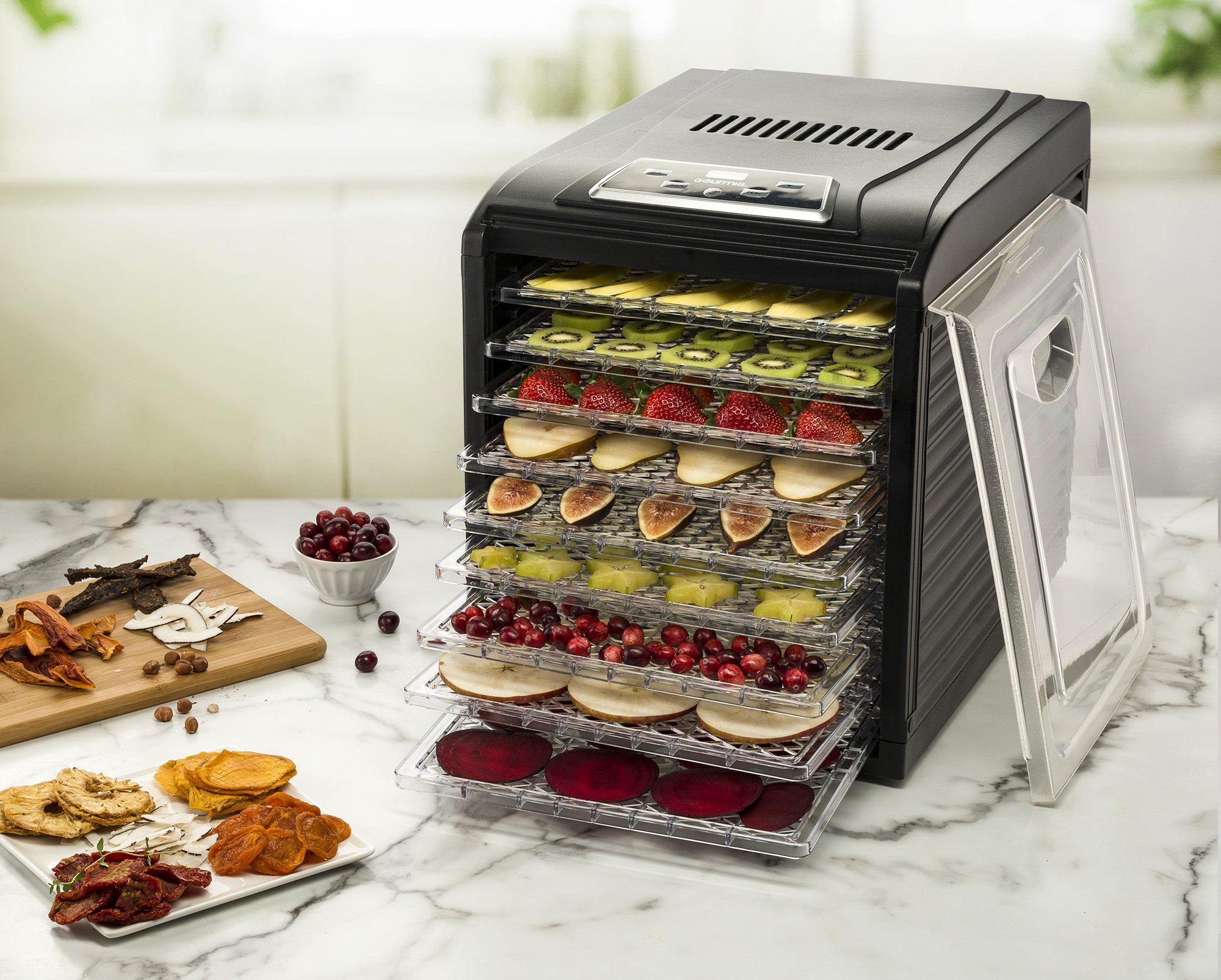 Gourmia GFD1950 Premium Electric Food Dehydrator Machine - Digital Timer and Temperature Control - 9 Drying Trays - Perfect for Beef Jerky, Herbs, Fruit Leather - BPA Free - Black