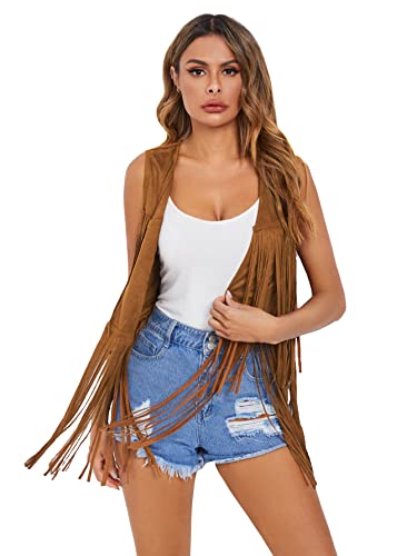 Verdusa Women's Tassel Sleeveless Vest 70s Hippie Faux Suede Fringe Jacket Cardigan Brown L