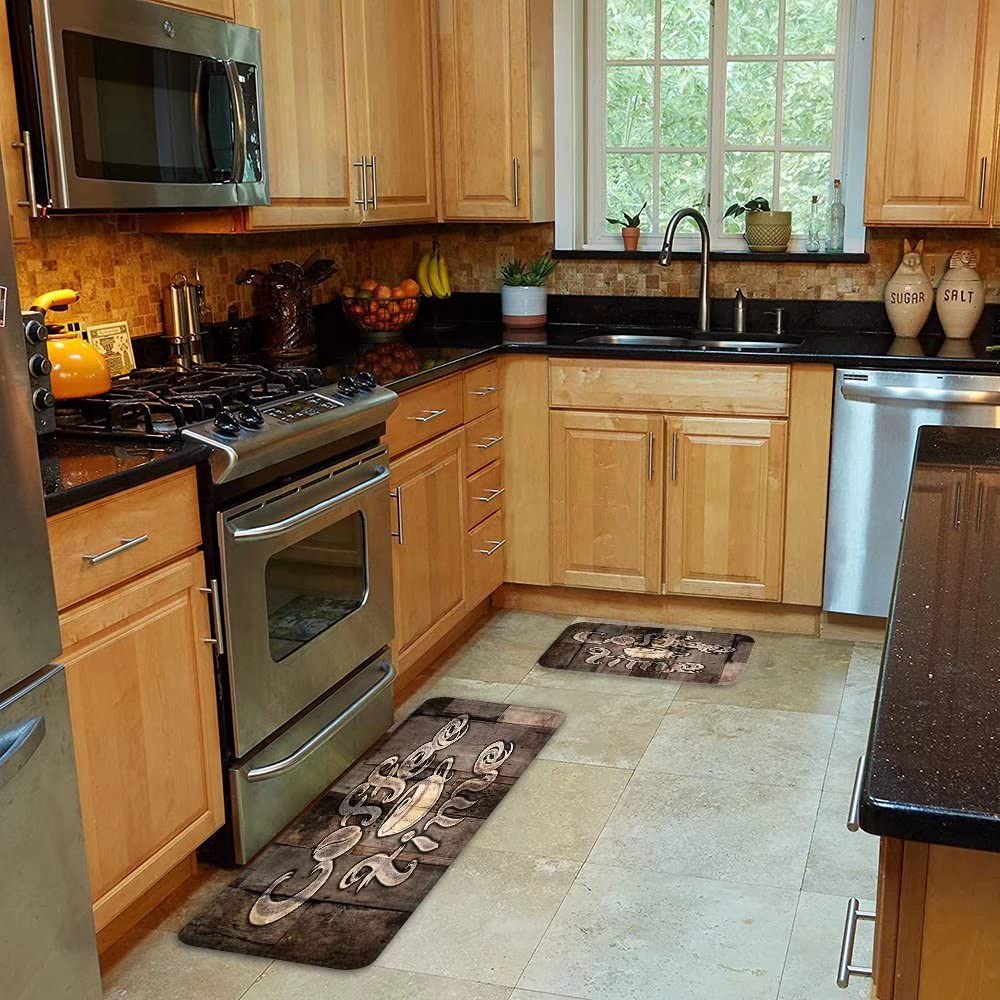 Kitchen Rugs Sets 2 Piece Floor Mats Grunge Lettering Modern Coffee Time and Coffee Cup Retro Wood Durable Doormat Farmhouse Area Rugs Washable Runner Carpet Set Non Slip Vintage Kitchen Rug and Mats