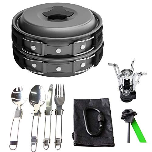 Gold Armour 17 Pieces Camping Cookware Mess Kit Backpacking Hiking Outdoors Gear - Lightweight Cookset, Compact, Durable Pot Pan Bowls, Essential Camping Accessories Equipment Gear (Black)