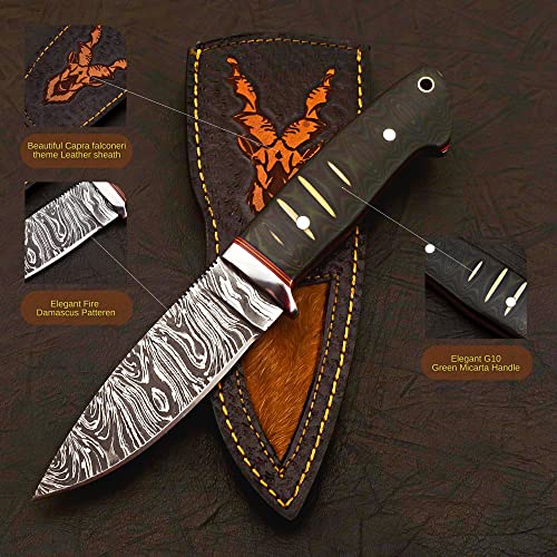 Handmade Damascus Hunting Knife with Sheath for Belt – 10 inches Fixed Blade full tang 1095 steel knife with Green Micarta Handle