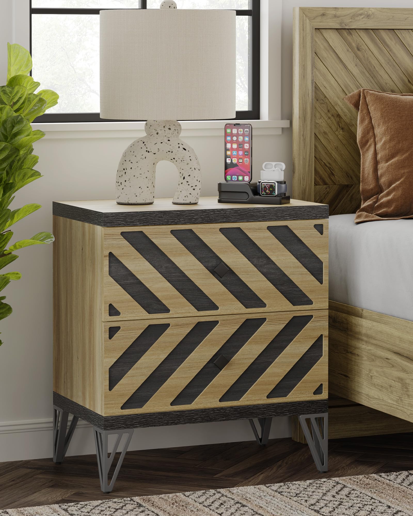 SICOTAS Large Night Stand Set of 2 - Modern Bedside Table Wide Nightstands with 2 Herringbone Decor Drawers, Sturdy Metal Legs, Wood Accent End Table for Bedroom