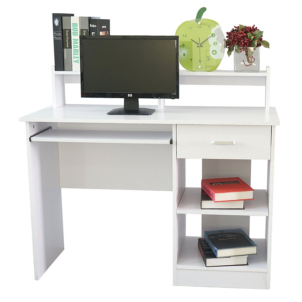 Goujxcy Computer Desk with 2 Organizer Shelf One Storage Drawer, Keyboard Tray, Home Office Writing Workstation Table, Laptop Desk, Bookshelf, Space-Saving, White