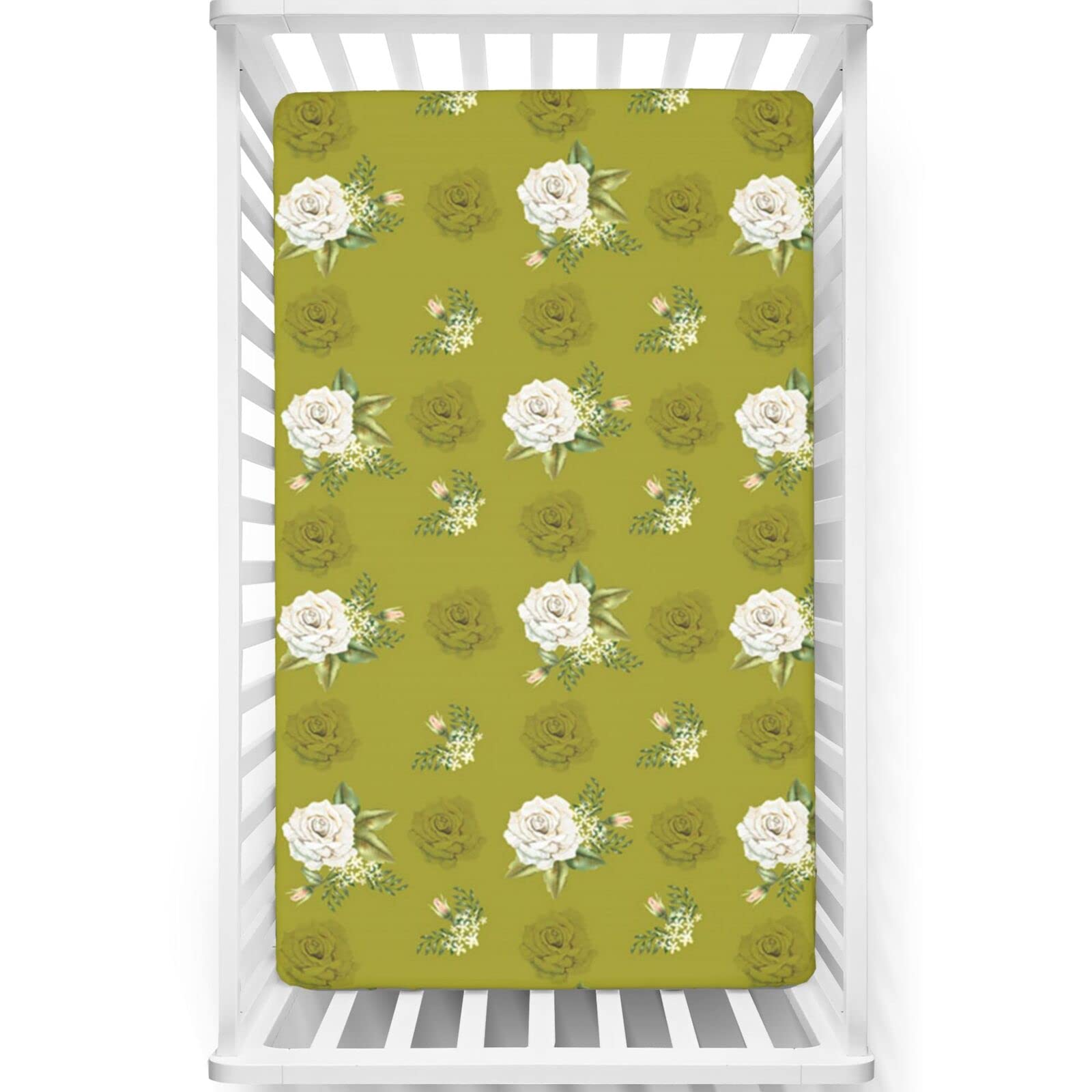 Rose Flower Themed Fitted Mini Crib Sheets,Portable Mini Crib Sheets Soft & Stretchy Fitted Crib Sheet-Crib Mattress Sheet or Toddler Bed Sheet,24â x38â,Dark Khaki Olive Green