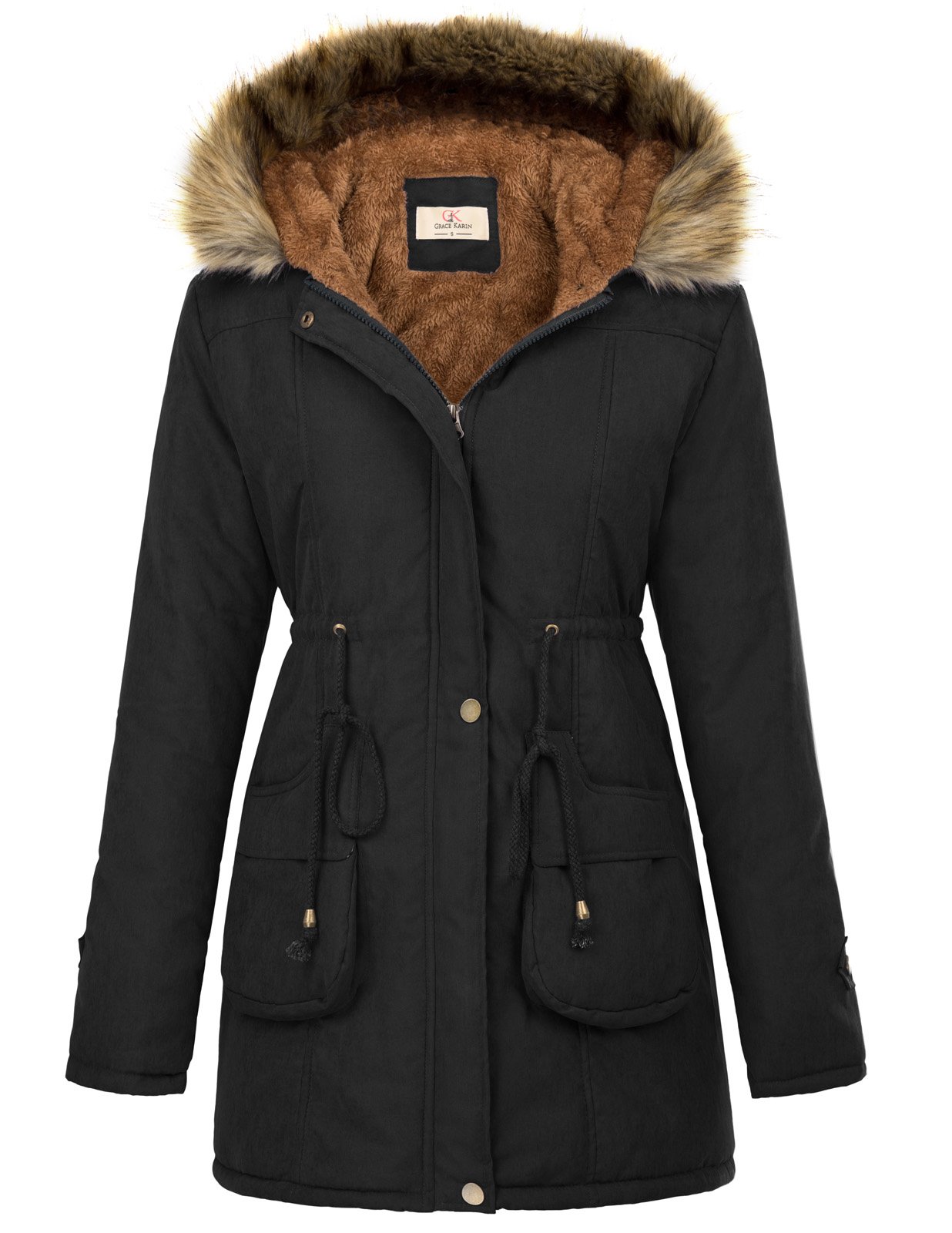 GRACE KARIN Long Winter Coat for Women Hooded Thicken Fleece Parkas Coat Faux Fur Jackets with Pockets 2XL Black