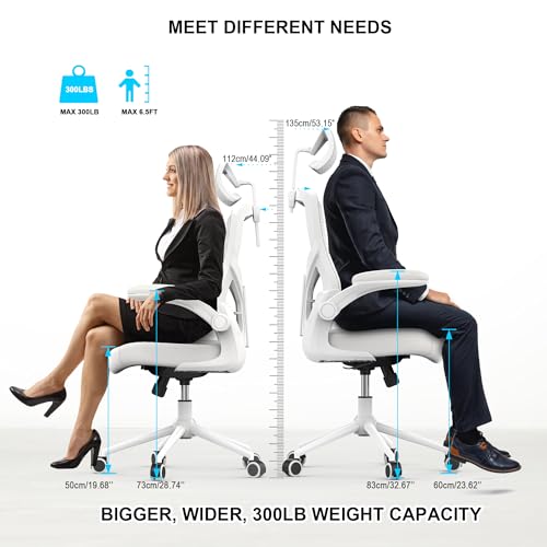 π―πΆπ΄π¬ πΆπππ°πͺπ¬ πͺπ―π¨π°πΉ, Ergonomic Mesh Desk Chair, High Back Computer Chair- Adjustable Headrest with Flip-Up Arms, Lumbar Support, Swivel Executive Task Chair (Modern, White)