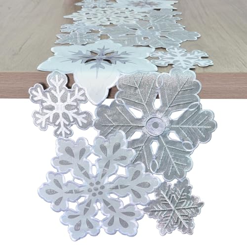 Grelucgo Machine Embroidered and Hand Cut Silver Grey and White Snowflakes Table Runner for Christmas Holiday (13.5 x 34 inches)