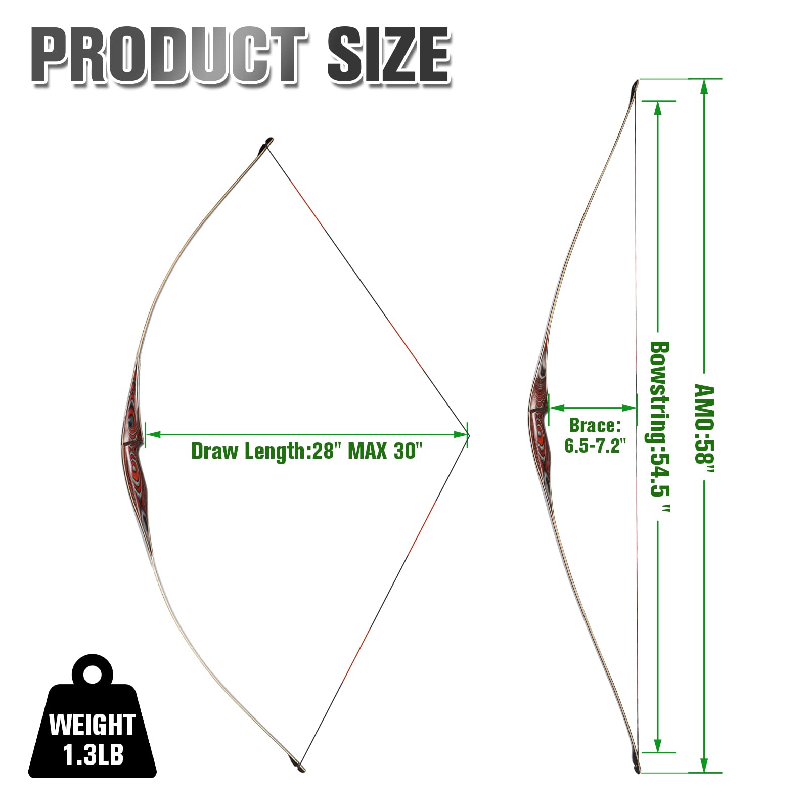 KAINOKAI 58" Laminated Recurve Bow,Amercian Hunting Bow Archery Bow 20-60lbs (35LBS, Right Hand)