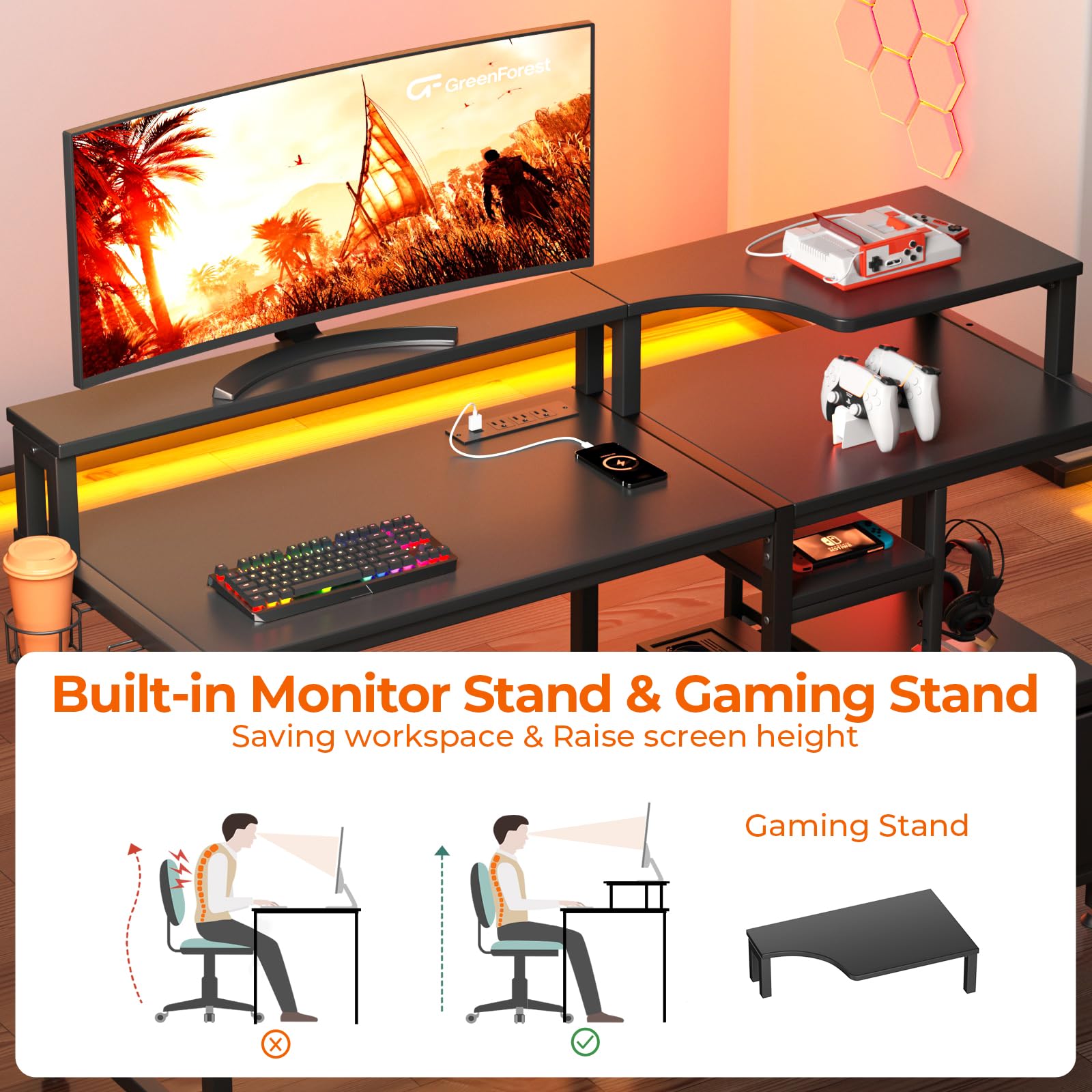 GreenForest 55 inch Computer Desk with Drawers and Outlets, Home Office Desk with Storage and Printer Shelf, Work Desk with Fabric File Drawer, Study Desk with Monitor Stand, Computer Table, Black