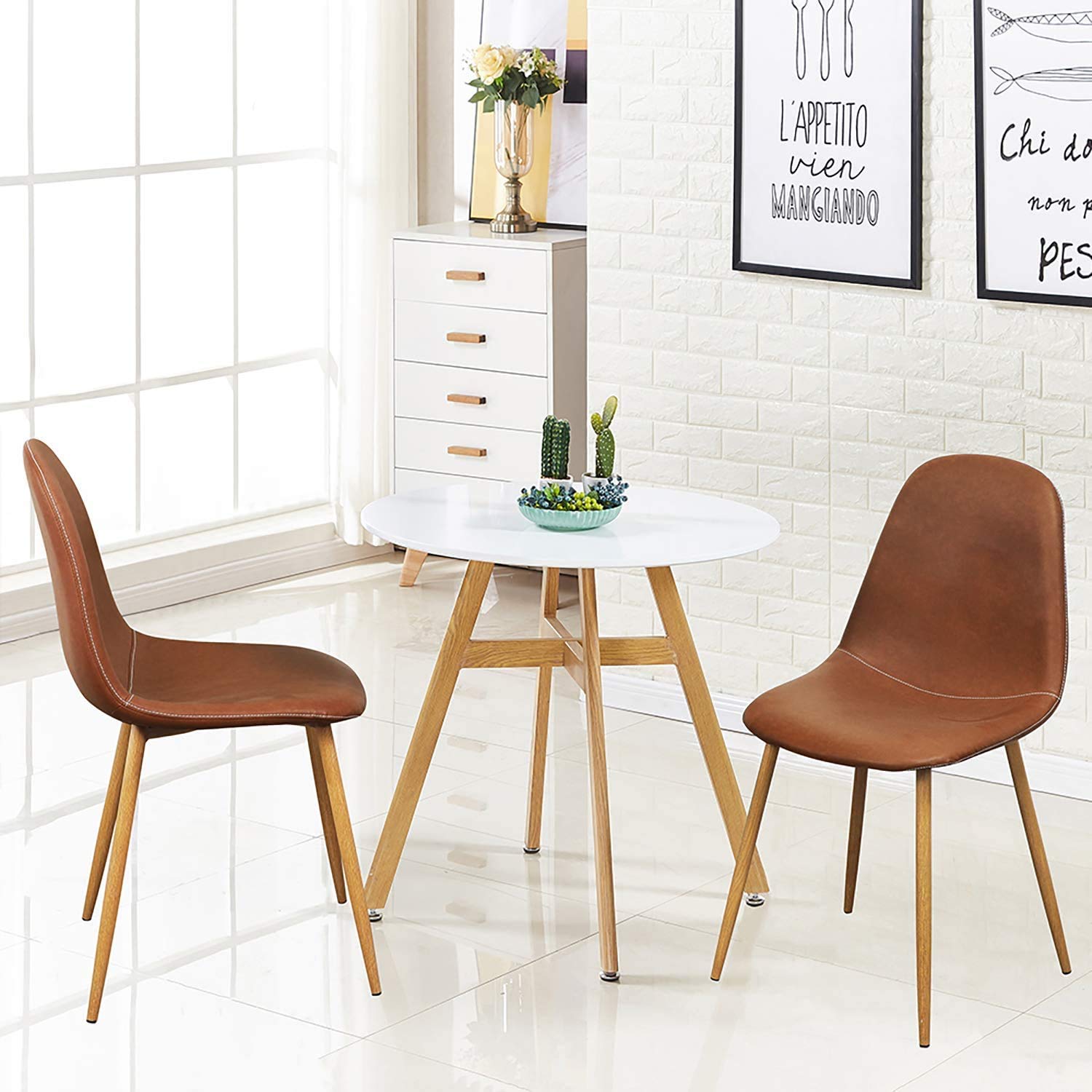 GreenForest Dining Chairs Set of 2, Vintage PU Leather Upholstered Side Chairs, Mid Century Modern Kitchen Room Chairs,with Metal Legs,Camel Brown