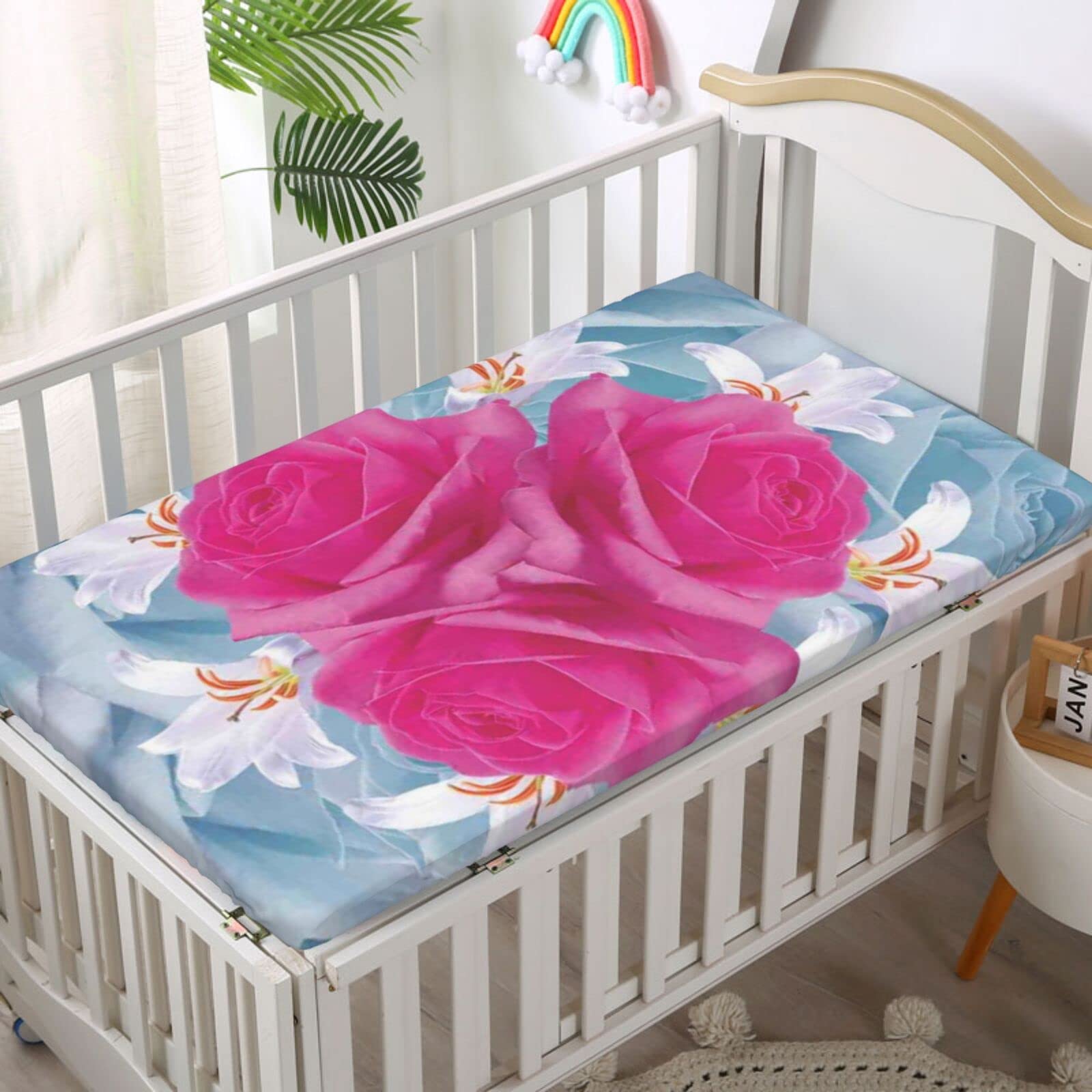 Rose Themed Fitted Crib Sheet,Standard Crib Mattress Fitted Sheet Soft & Stretchy Fitted Crib Sheet-Baby Crib Sheets for Girl or Boy,28β x52β,Fuchsia Blue
